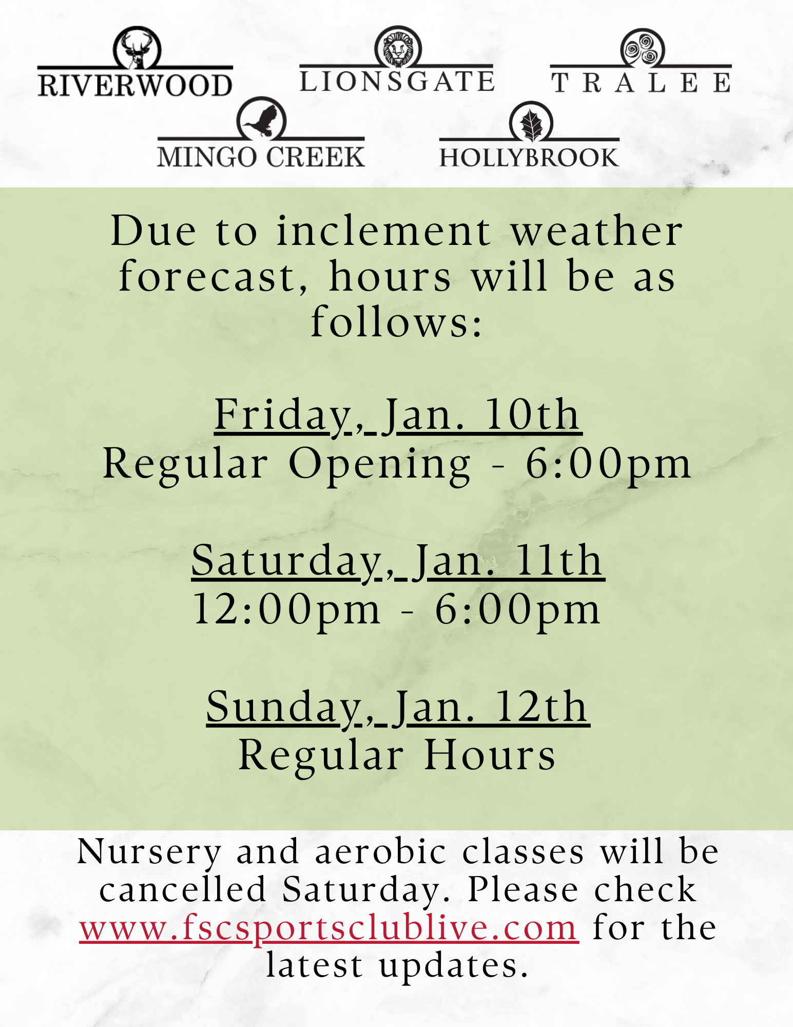 Upcoming FSC Athletic Club Hours Due to Inclement Weather - Fred Smith ...