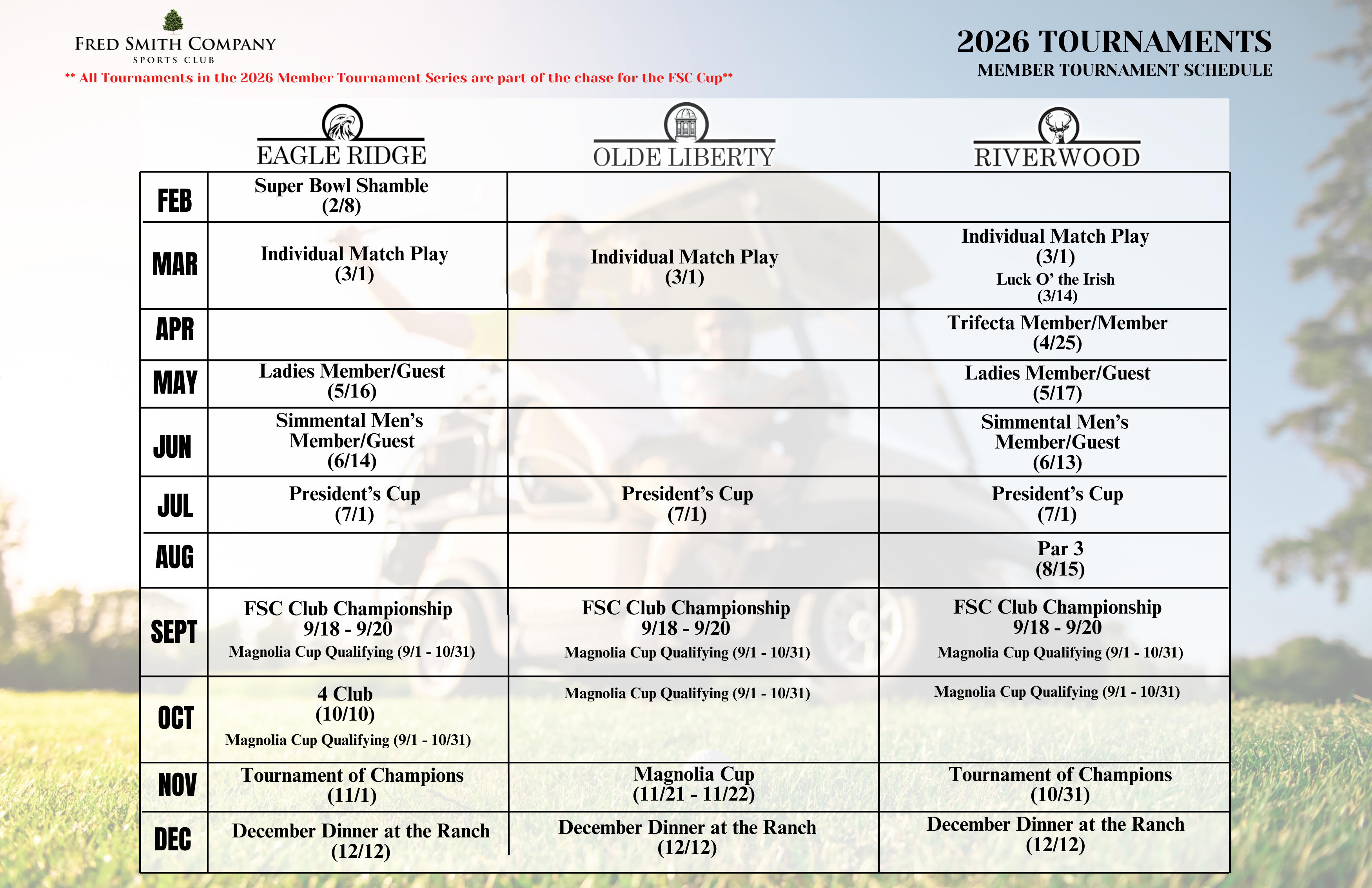 2026 FSC Member Tournament Schedule - Fred Smith Company Sports Club