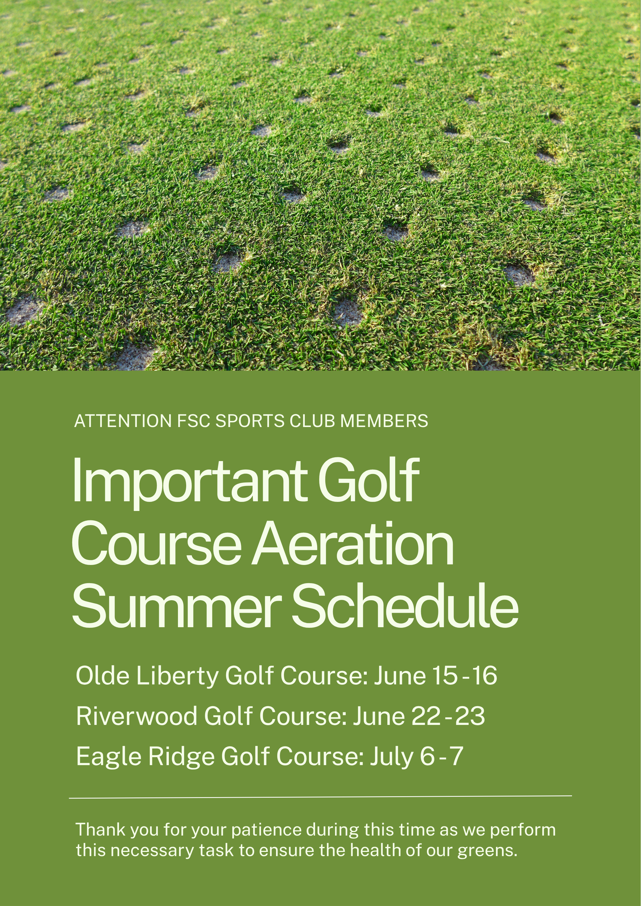 2026 Golf Course Aeration Schedule - Fred Smith Company Sports Club